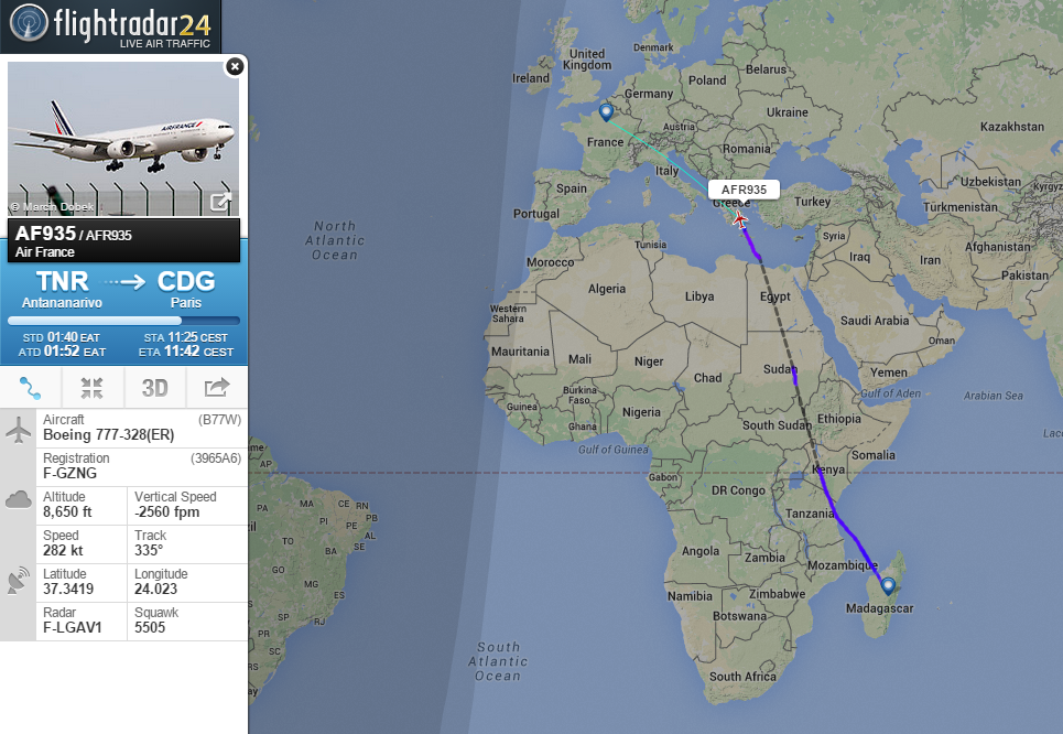 Air France flight AF935 from Antananarivo (Madagascar) to Paris is ...