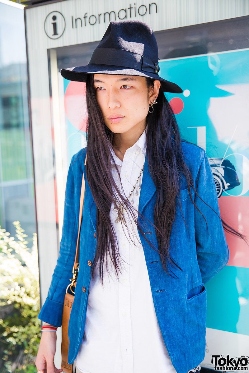 Japanese model Taka in denim w/ Mariko in plaid on the street in ...
