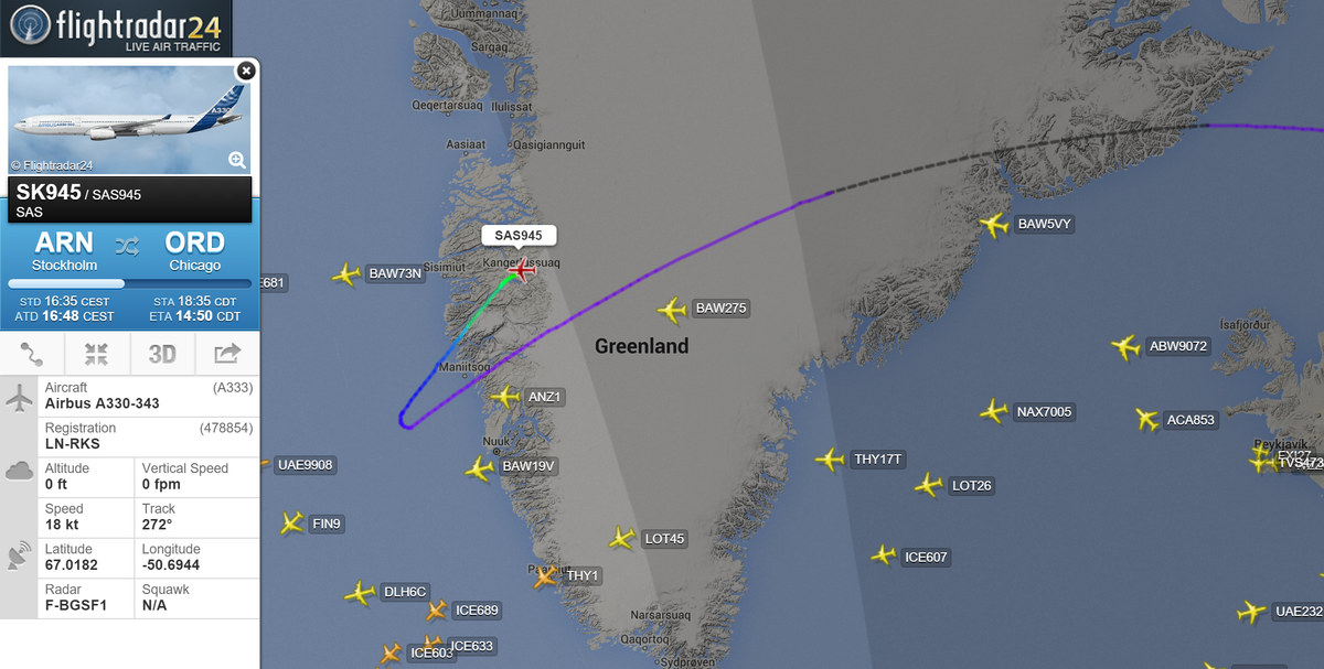 SAS flight SK945 from Stockholm to Chicago diverted to Kangerlussuaq in ...