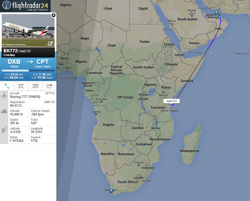 Emirates flight EK772 from Dubai to Cape Town is holding at FL100 near ...