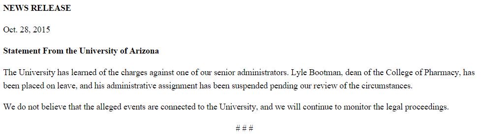 UPDATE: Statement from UofA on indictment of Lyle Bootman, College of ...