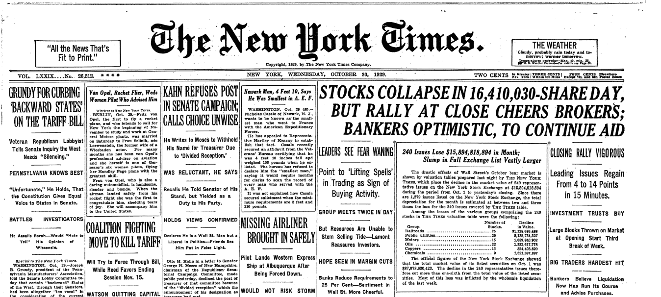 Black Tuesday 1929 Newspaper