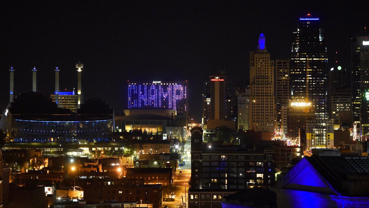 The downtown KC skyline showcased the celebration blue for Royals ...