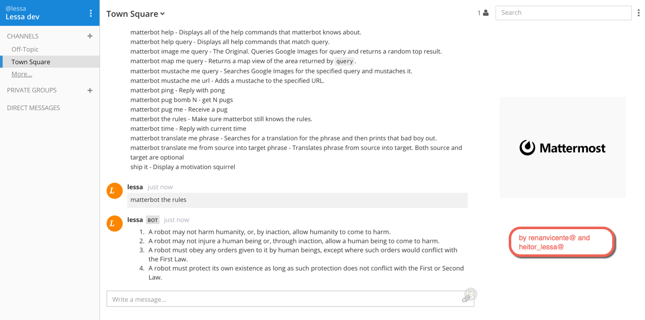 Heitor Lessa on Twitter: "Great pleasure to announce Hubot Adaptor for @mattermosthq It's now ...