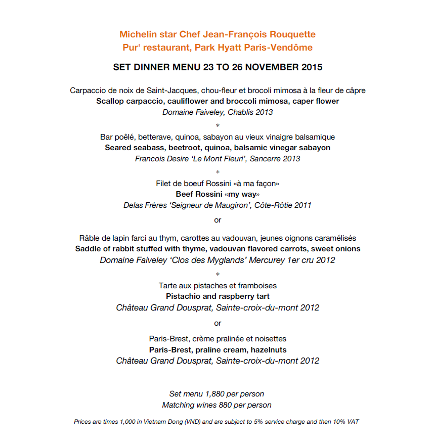 Park Hyatt Dining Room Menu