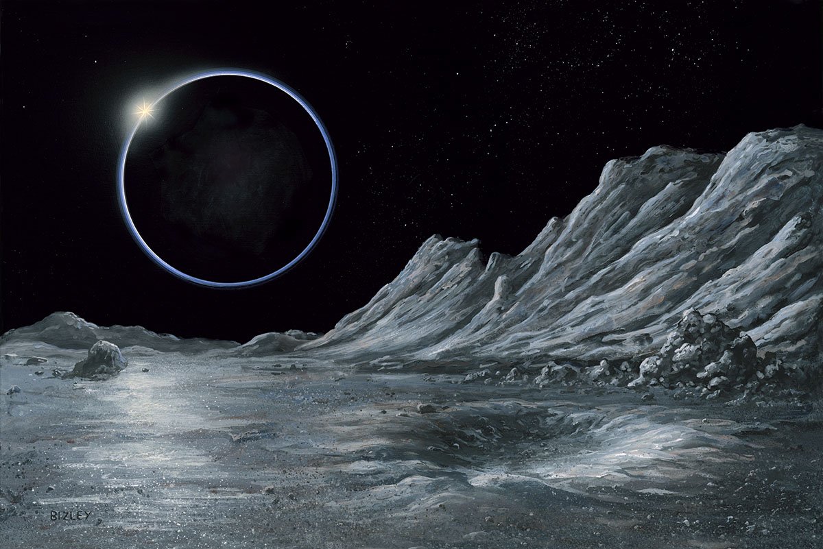 Space Art: the icy surface of Charon is bathed in sunlight, almost eclipsed by Pluto - | Maxime ...