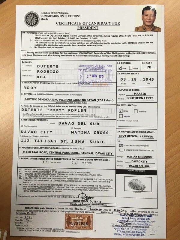 LOOK: Duterte finally files his COC for president. Photo c/o Pia ...