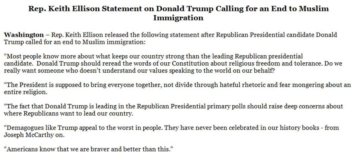 Rep. Keith Ellison Statement on Donald Trump: Reread the words of our ...