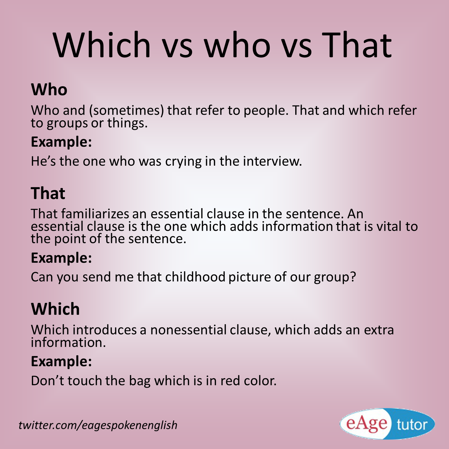 eAge Spoken English on X Do you know the difference between Which Who and That Learn the difference and use it properly. https t fNNCOkLTzn X