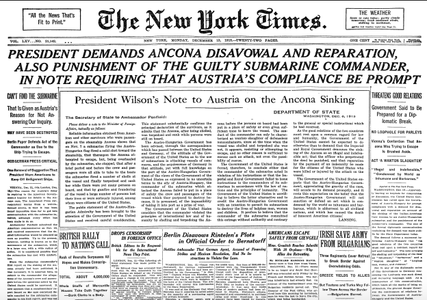 Dec 13, 1915 - New York Times: US demands that Austria punish U-boat ...