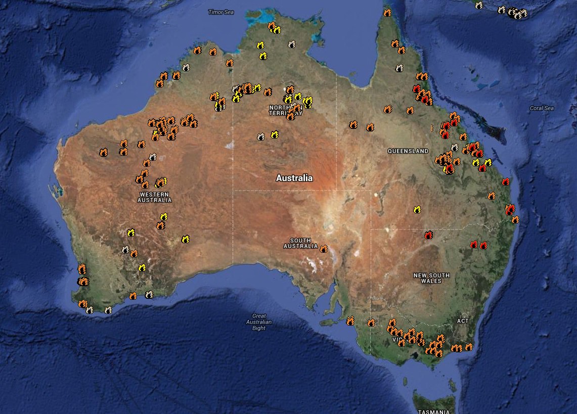 This map shows how many bush fires are currently burning, according to ...