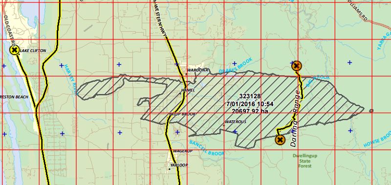 WA EMERGENCY WARNING Waroona & Harvey. Map showing shape of fireground ...