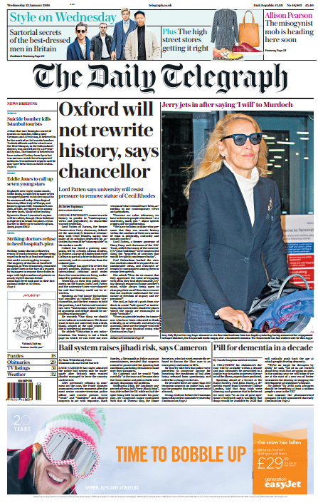 DAILY TELEGRAPH FRONT PAGE: 'Oxford will not rewrite history, says ...