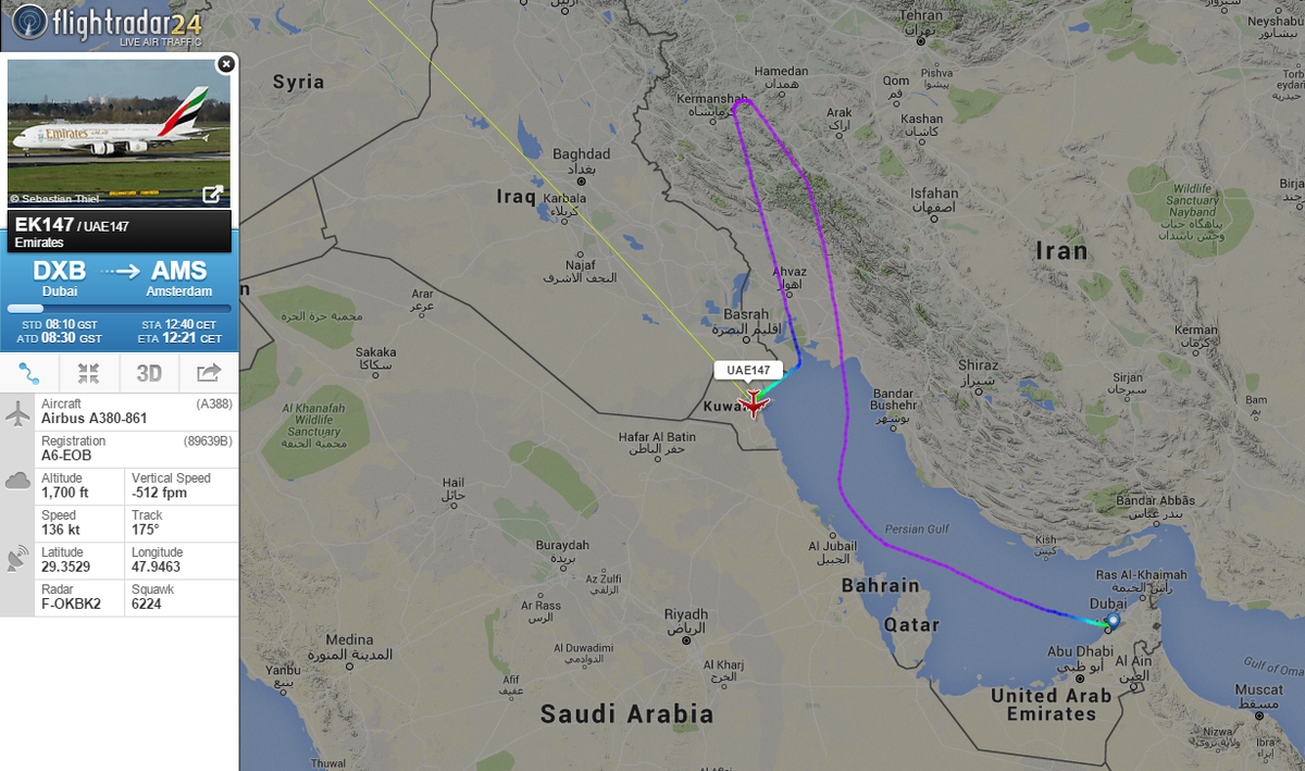Emirates flight EK147 from Dubai to Amsterdam is diverting to Kuwait ...