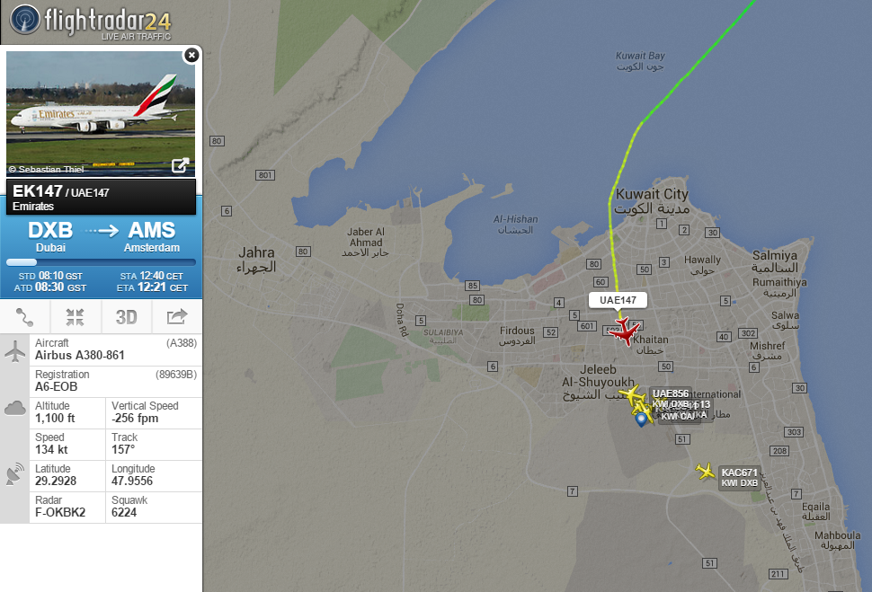 Emirates flight EK147 from Dubai to Amsterdam is diverting to Kuwait ...
