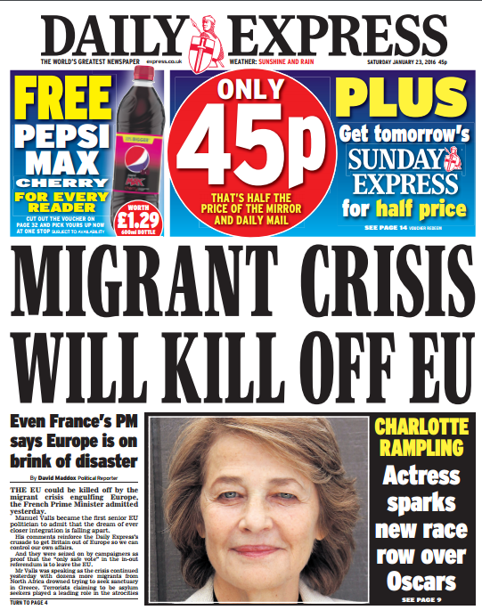 Daily express front page: 'migrant crisis will kill off eu' #skypapers ...