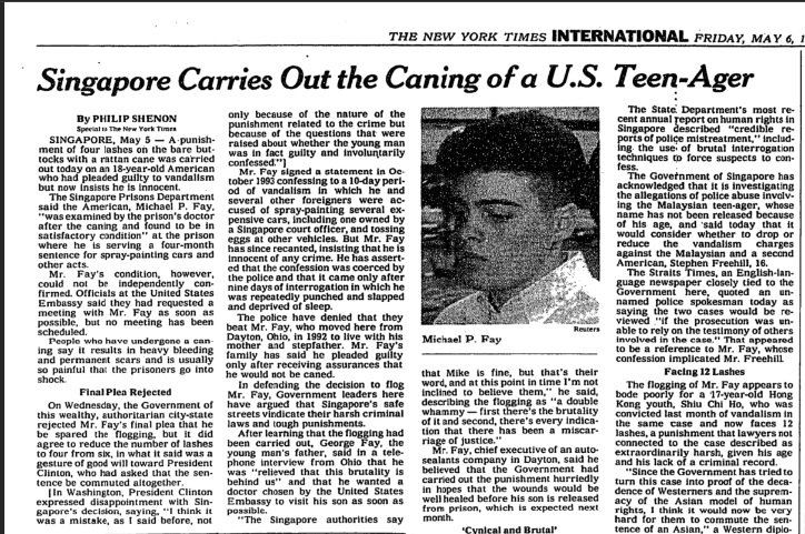 Today in 1994: american teenager is caned in singapore for vandalism ...