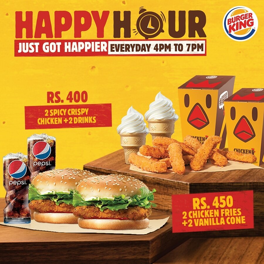Burger King Pakistan on X Burger King brings you Happy Hour deals from 4 p.m. to 7 p.m. everyday BurgerKingPakistan HappyHour ChickenFries Cone YourWay https t zsIs2otn9k X