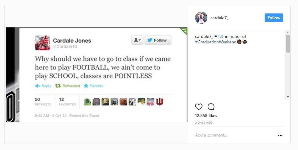 Cardale Jones once tweeted "we ain't come to play school." He graduated ...