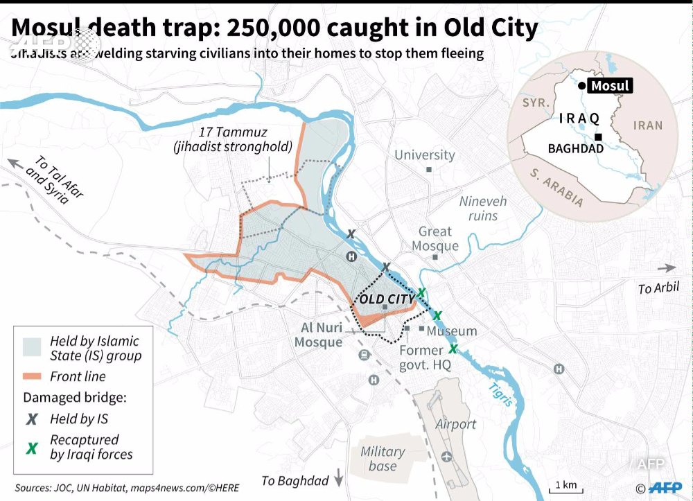 Map of Mosul locating Iraqi army advances towards the Old City | AFP ...