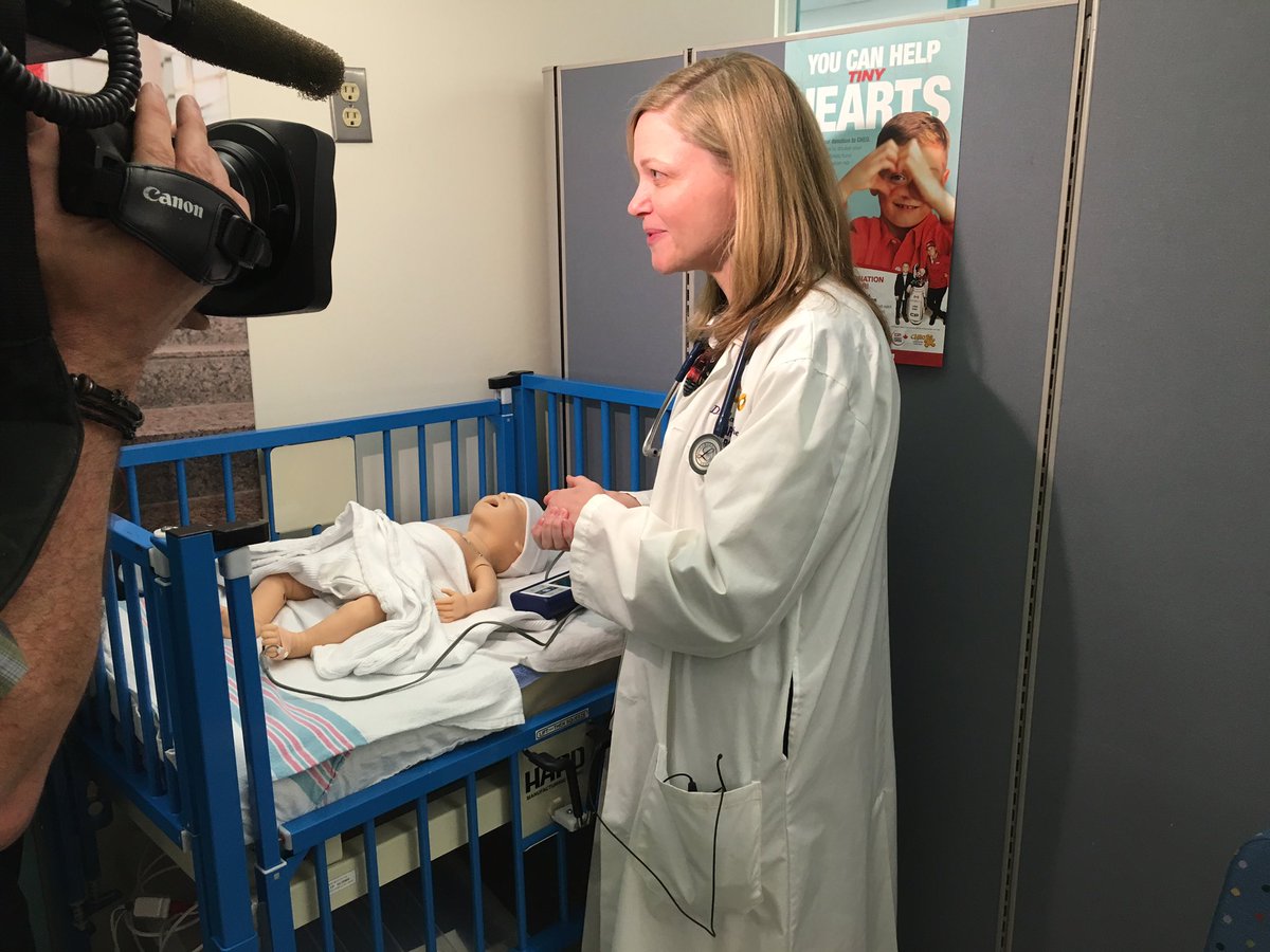 Dr. Jane Lougheed, chief of cardiology, demonstrates the CCHD screening ...