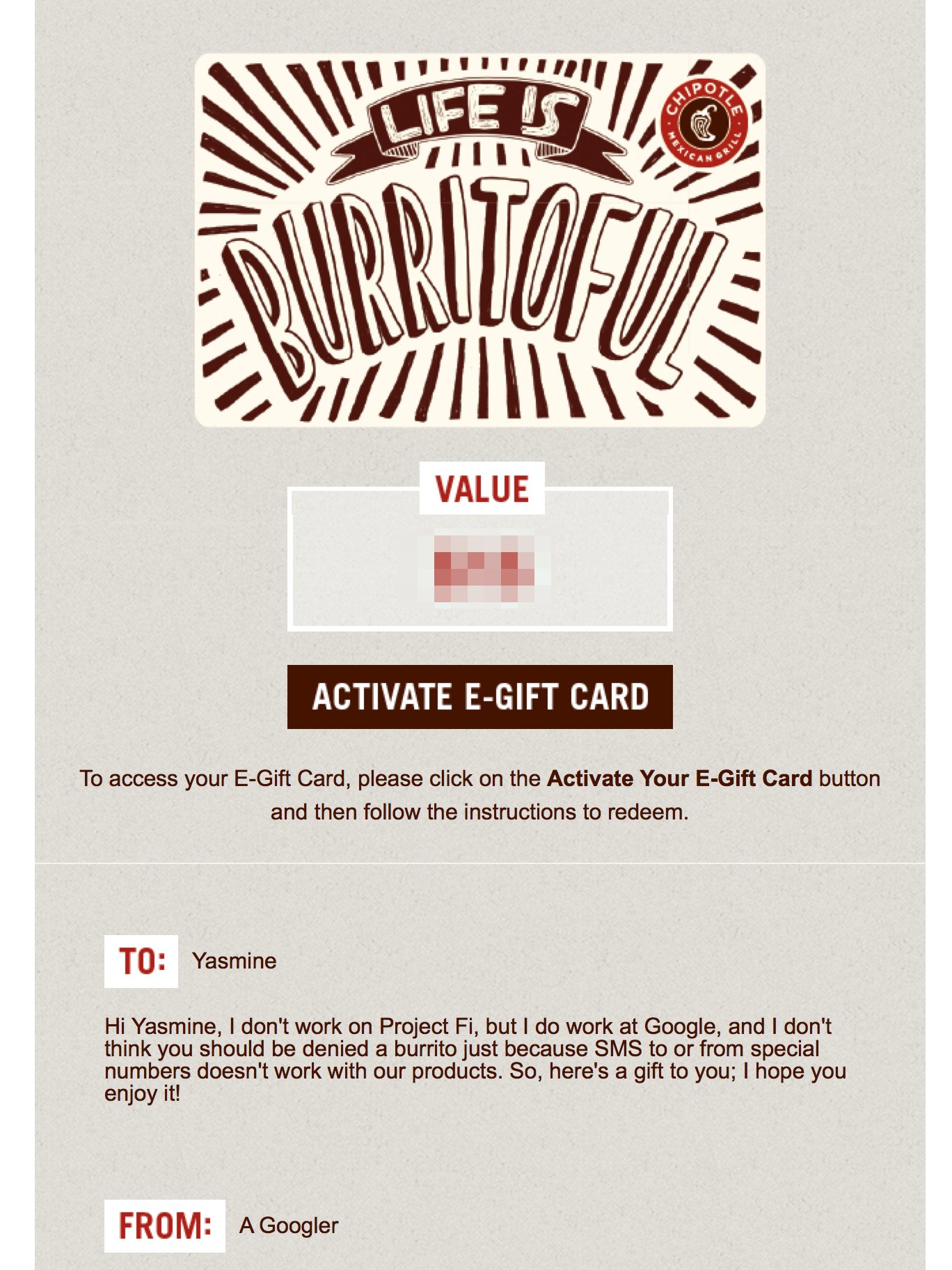 Yasmine Evjen on X Someone google sent me a Chipotle gift card because of my projectfi SMS issues. Googler you ve made my day https t zFzj13m4LJ X
