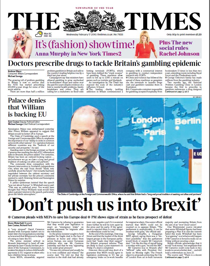 THE TIMES FRONT PAGE: 'Don't push us into Brexit' #skypapers | Scoopnest