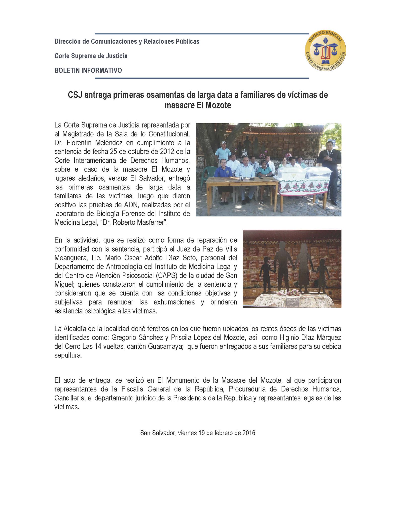 Corte Suprema de Justicia de El Salvador on Twitter: "CSJ entrega primeras osamentas de larga ...