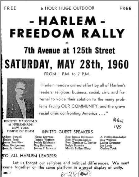 A flyer for Harlem Freedom Rally circa early 1960's. Minister Malcolm X ...