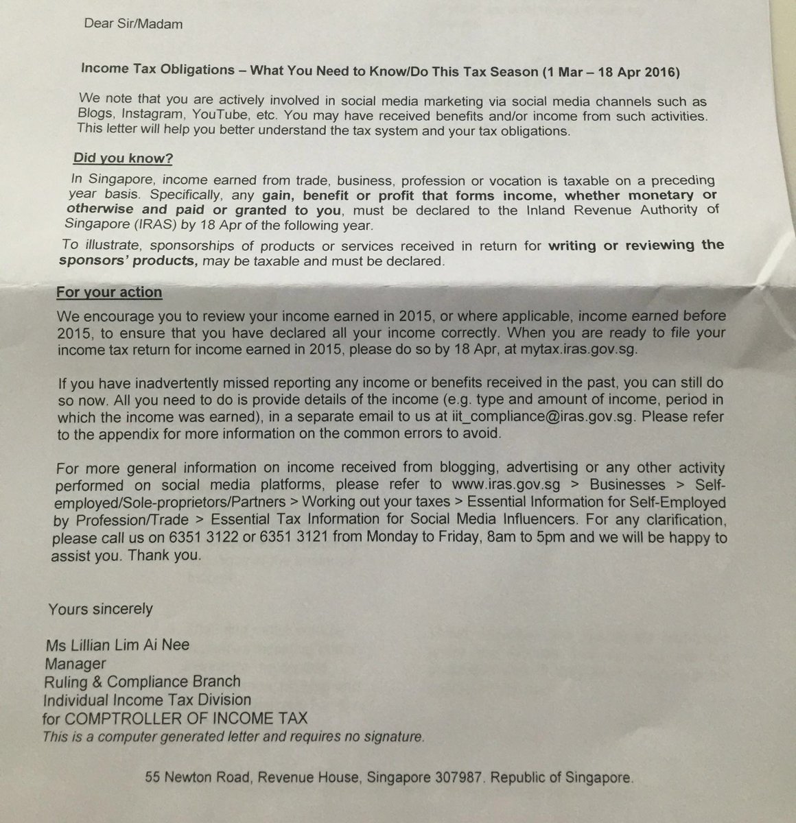 .xiaxue among bloggers surprised to get IRAS letter on what they have ...