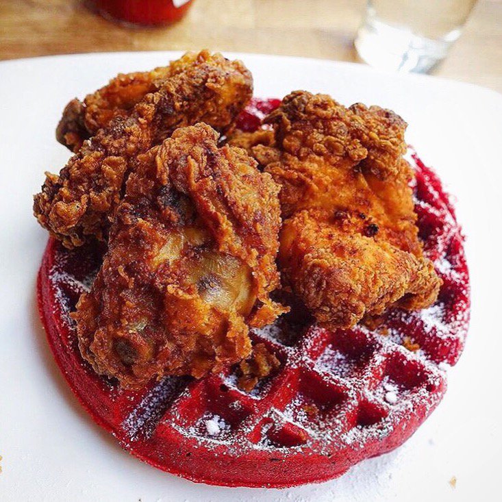 Fried Chicken And Red Velvet Waffles