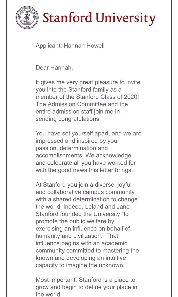 College Acceptance Letter Stanford