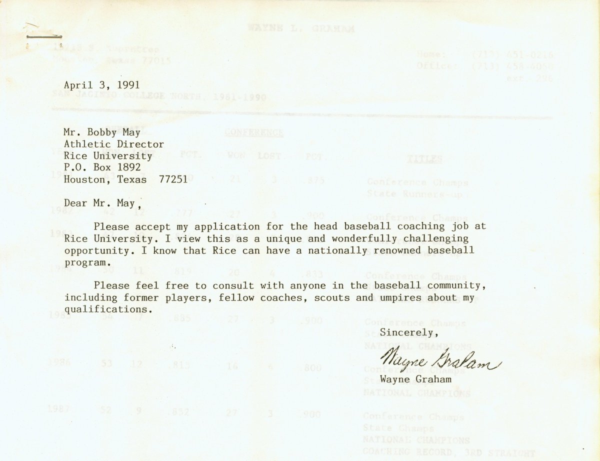Wayne Graham's 1991 Cover Letter for the Rice Baseball Head Coaching ...