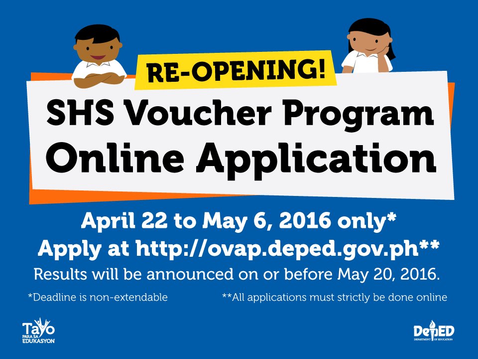 DepEd on Twitter: "DepEd reopens online application for SHS Voucher Program until May 6, 2016. # ...
