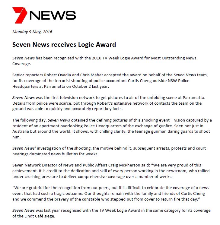 7 News Statement on Logie award for Most Outstanding News Coverage ...