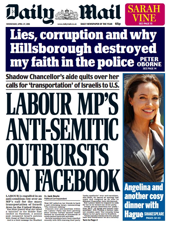 DAILY MAIL FRONT PAGE: 'Labour MP's anti-semitic outbursts on facebook ...
