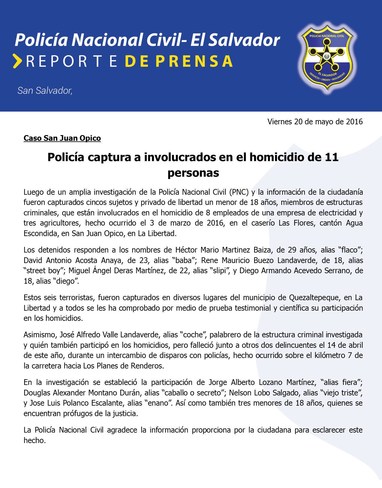 PNC El Salvador on Twitter: "BOLETÍN | Policía captura a involucrados en el homicidio de 11 ...