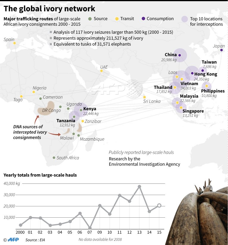Major trafficking routes of African ivory