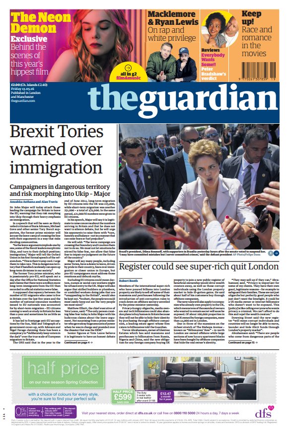 THE GUARDIAN FRONT PAGE: "Brexit Tories warned over immigration ...