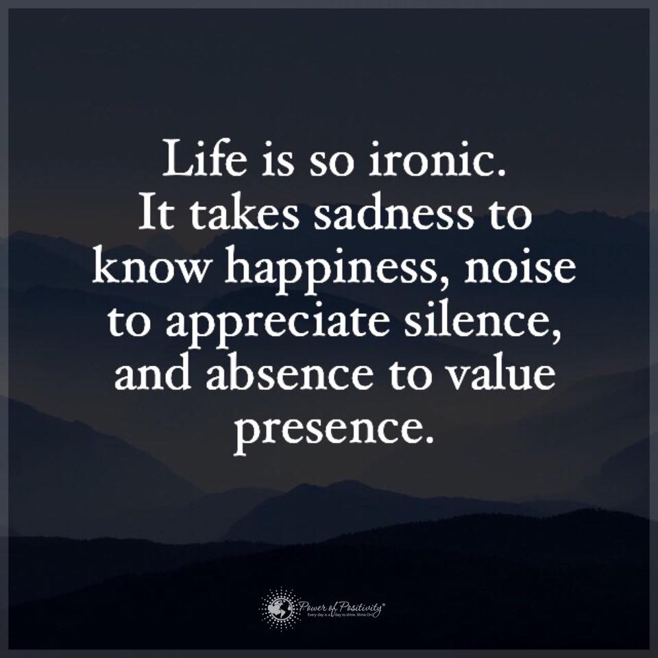 Life is ironic. It takes sadness to know happiness, noise to appreciate ...