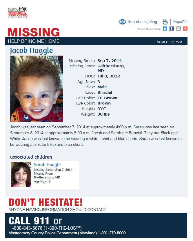Sarah & Jacob Hoggle have been missing from Gaithersburg since 9/7/14 ...
