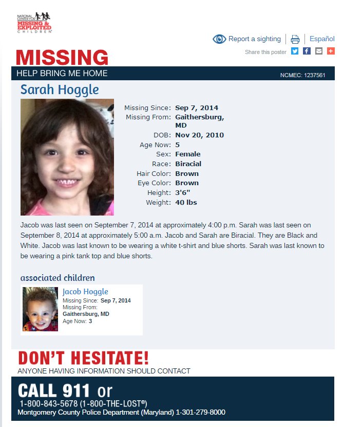 Sarah & Jacob Hoggle have been missing from Gaithersburg since 9/7/14. RT to help BringThemHome ...