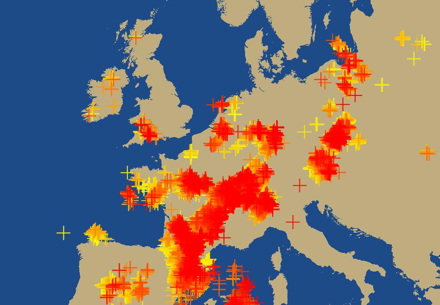 These crosses show recent lightning strikes across Europe. Risk of ...