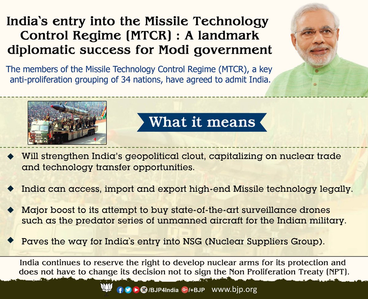 BJP on Twitter: "India's entry into the Missile Technology Control ...