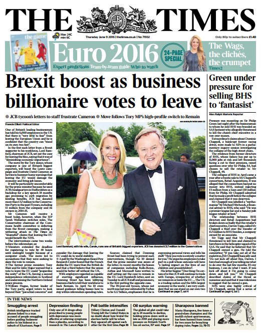 THE TIMES FRONT PAGE: "Brexit boost as business billionaire votes to ...