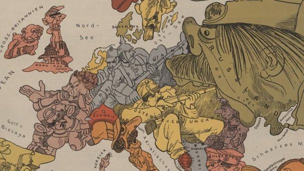 WWI; Satirical map of Europe drawn by Walter Trier in 1914, showing ...