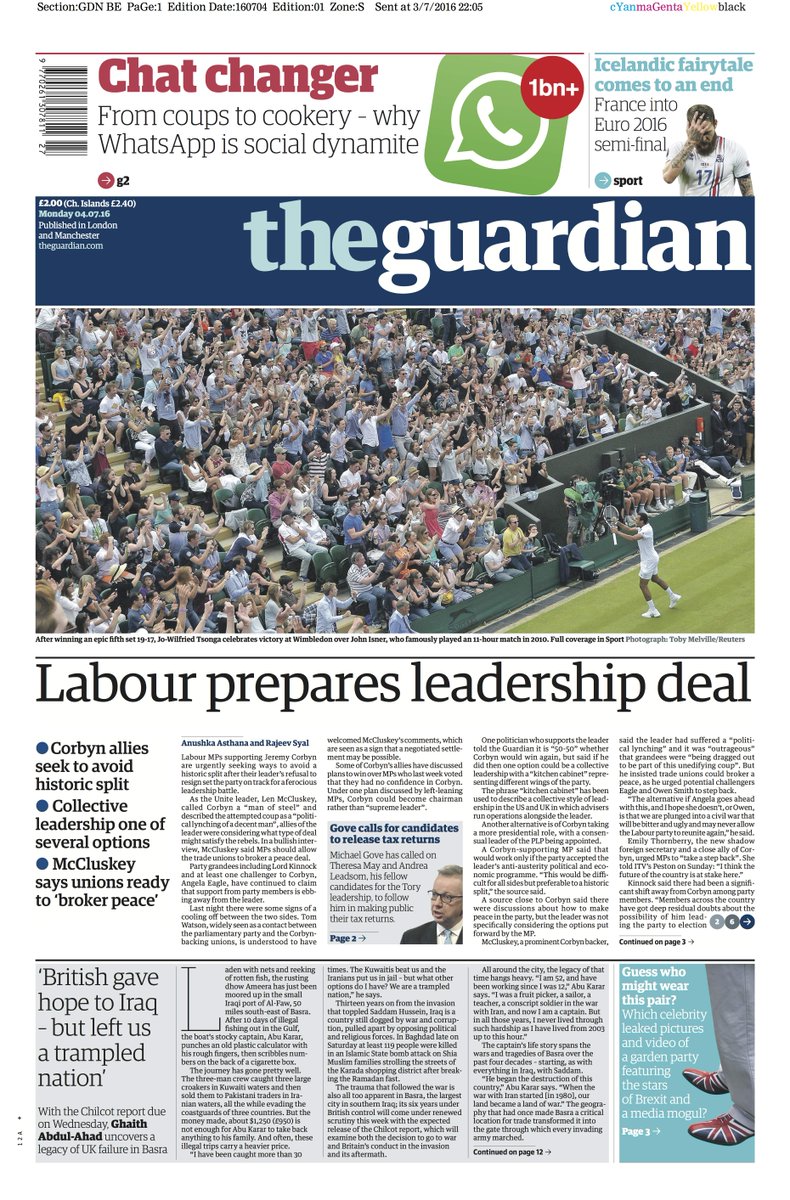 Guardian front page, Monday 4 July 2016: Labour prepares leadership ...