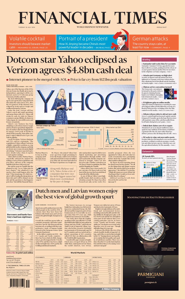 Just published: front page of the Financial Times, Tuesday 26 July ...