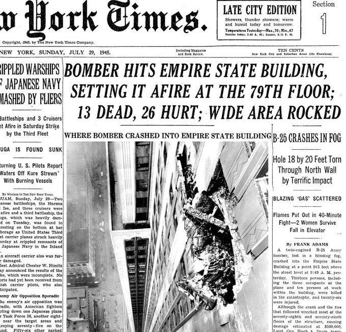 A b-25 bomber crashes into the empire state building on the morning of ...