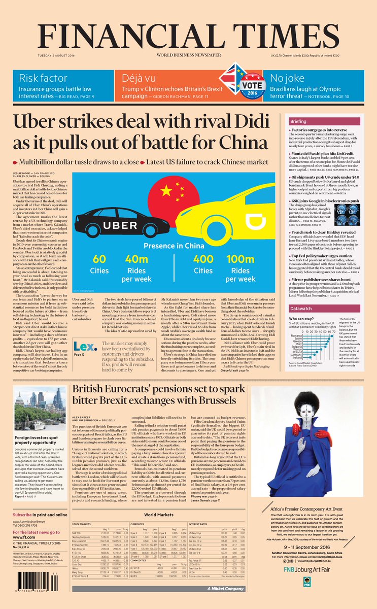 Just published: front page of the Financial Times UK edition for August ...